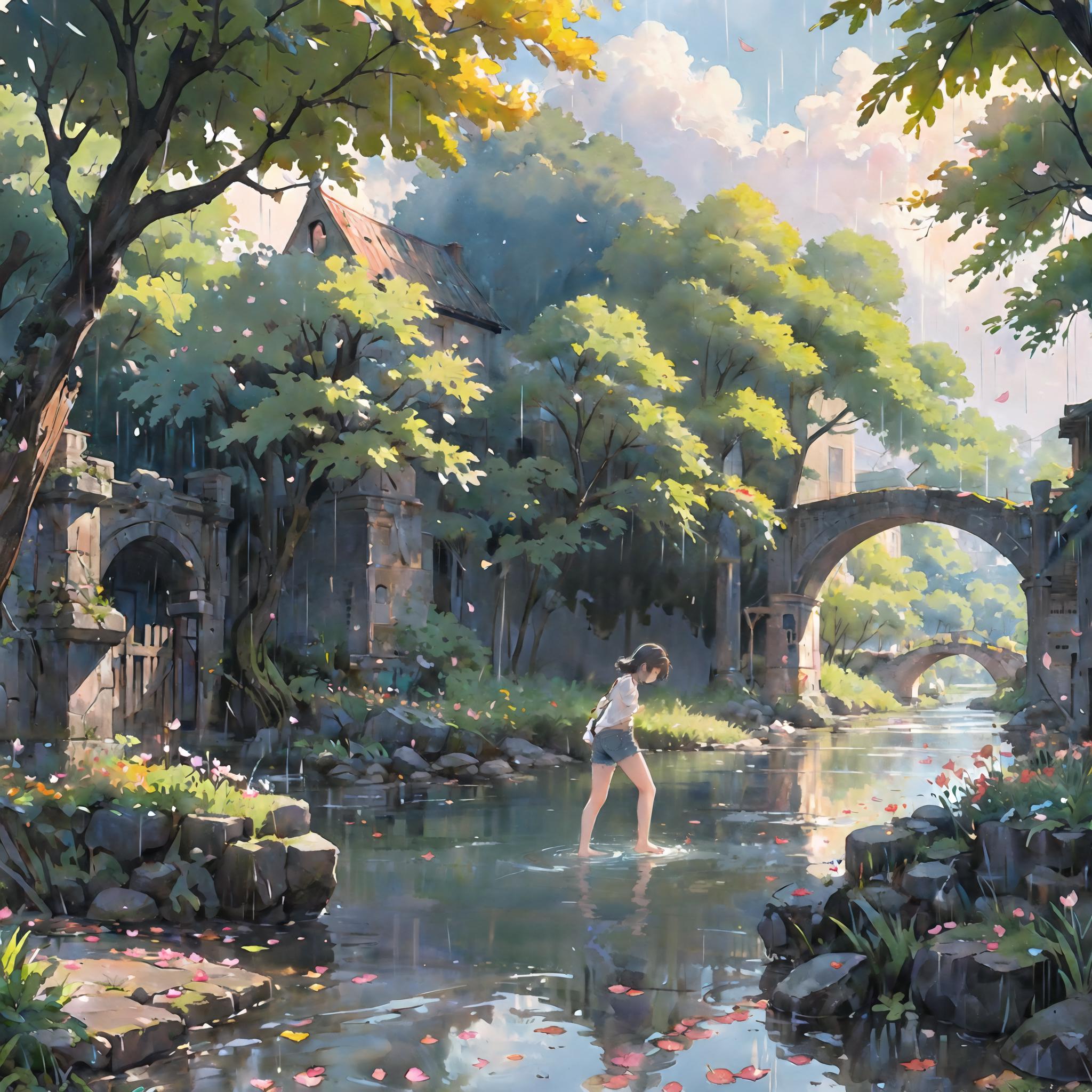 Anime scenery of a girl standing in a stream in a village - SeaArt AI