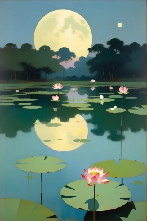 A painting of a full moon over a lake with lily pads - SeaArt AI