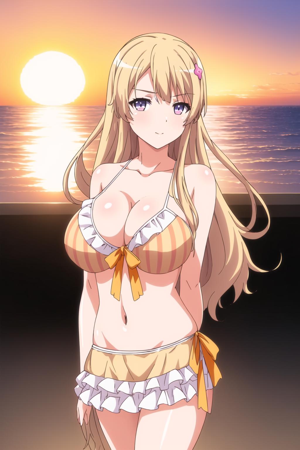 A woman in a bikini top and panties standing on a beach - SeaArt AI