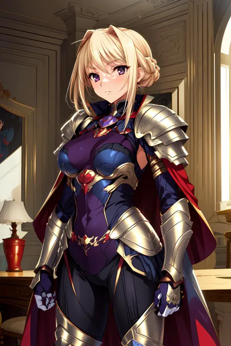 A woman in armor standing in a room with a lamp - SeaArt AI