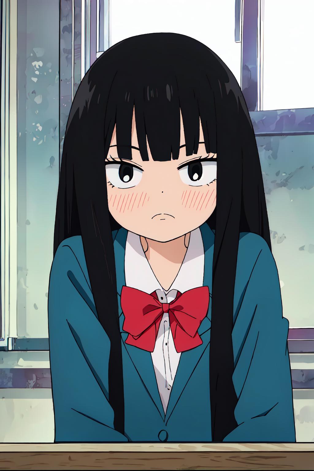 Anime girl with long black hair and red bow tie sitting at a table ...