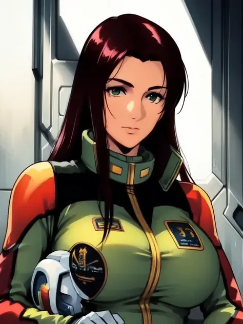 A close up of a woman in a green and red uniform - SeaArt AI