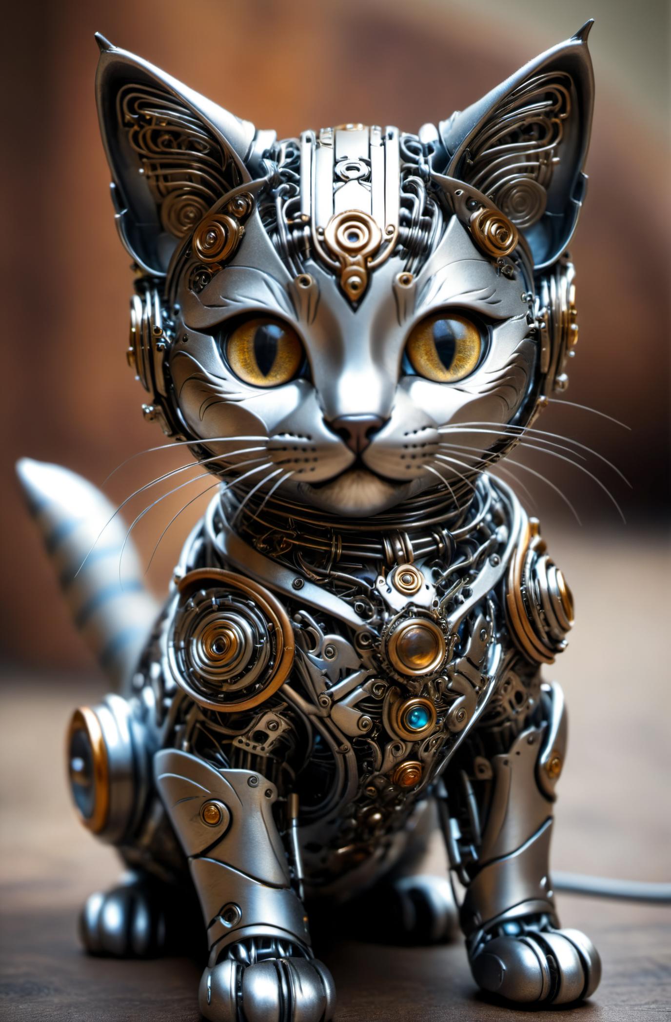 There is a silver cat with a metal head and a collar - SeaArt AI