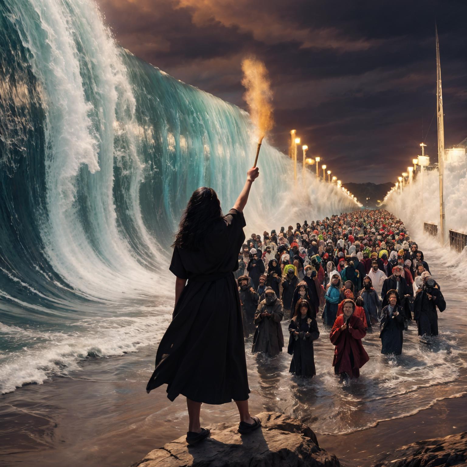 A group of people standing in the water with a large wave - SeaArt AI