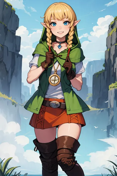 A woman in a green jacket and brown skirt standing in front of a ...