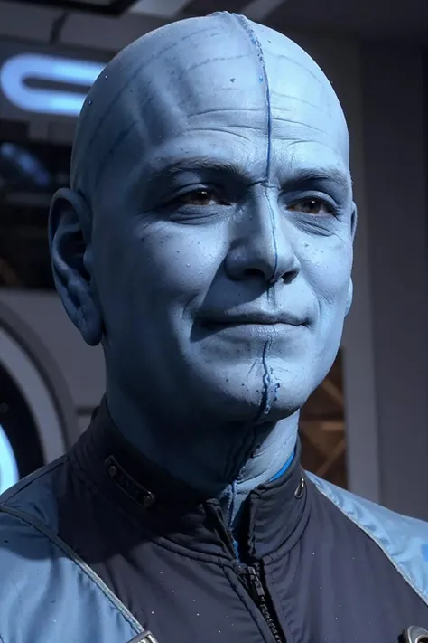A close up of a man with a blue face and a blue suit - SeaArt AI
