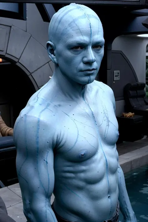A close up of a man with a blue body painted like a man - SeaArt AI