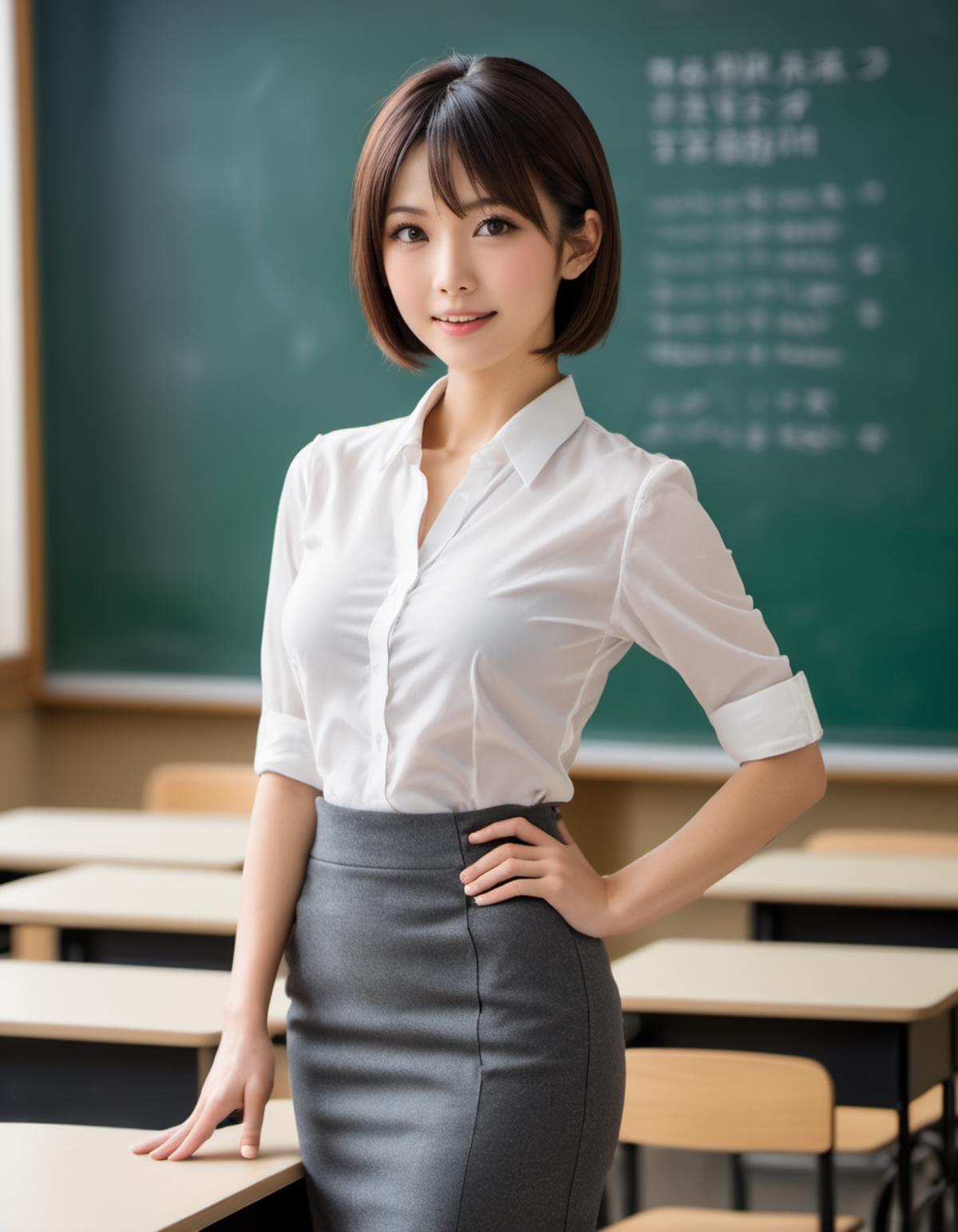 A woman in a skirt standing in front of a blackboard - SeaArt AI