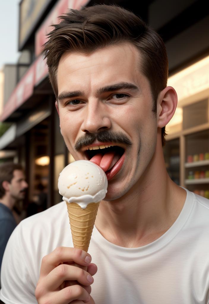 Araffe with a mustache and a moustache eating an ice cream cone - SeaArt AI