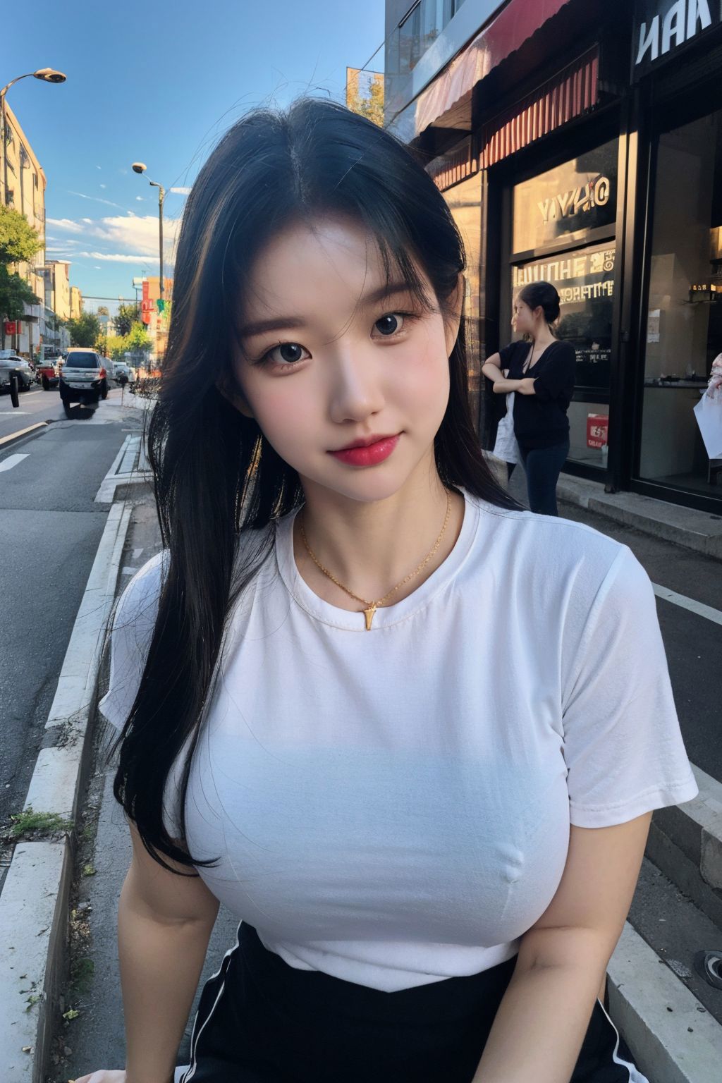 A woman in a white shirt and black skirt standing on a street - SeaArt AI