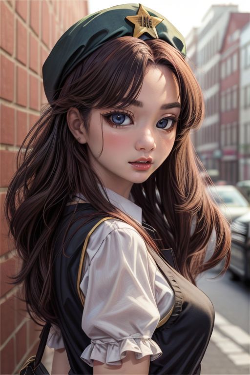 A woman with long brown hair wearing a green hat and a white shirt - SeaArt AI