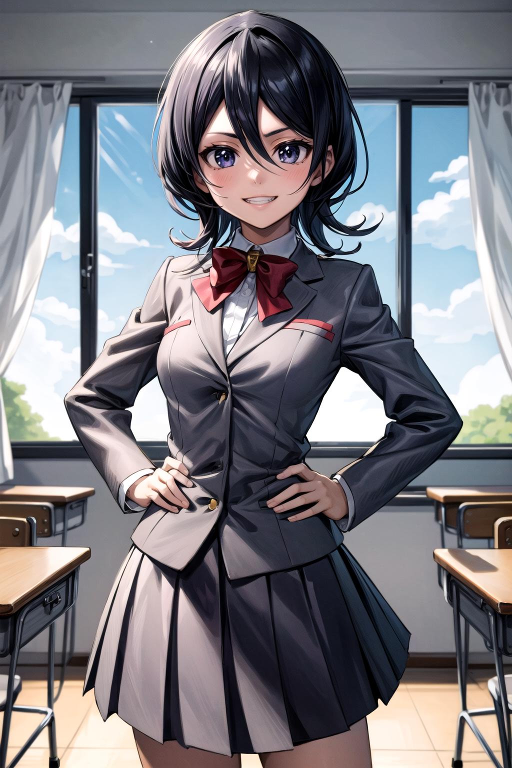 Anime girl in school uniform standing in front of desks - SeaArt AI