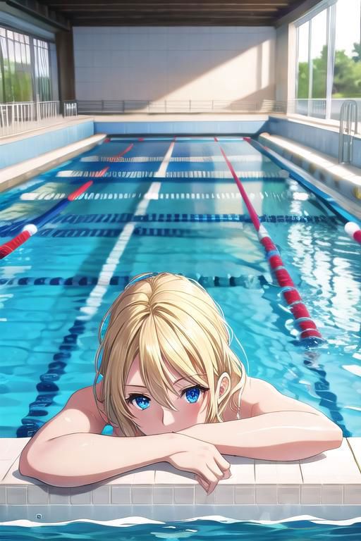 Anime girl in a swimming pool with her arms on the edge - SeaArt AI