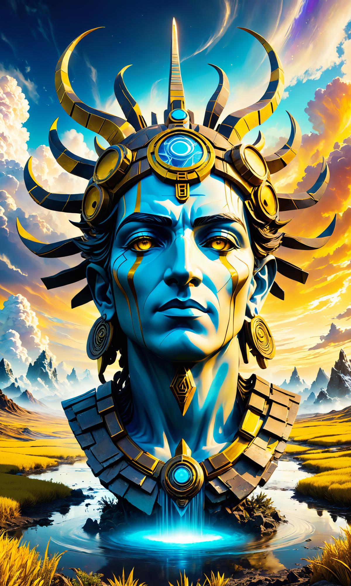 A poster of a man with a head of gold and a sky background - SeaArt AI