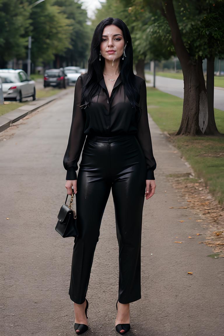 A woman in black pants and a black blouse standing on a street - SeaArt AI