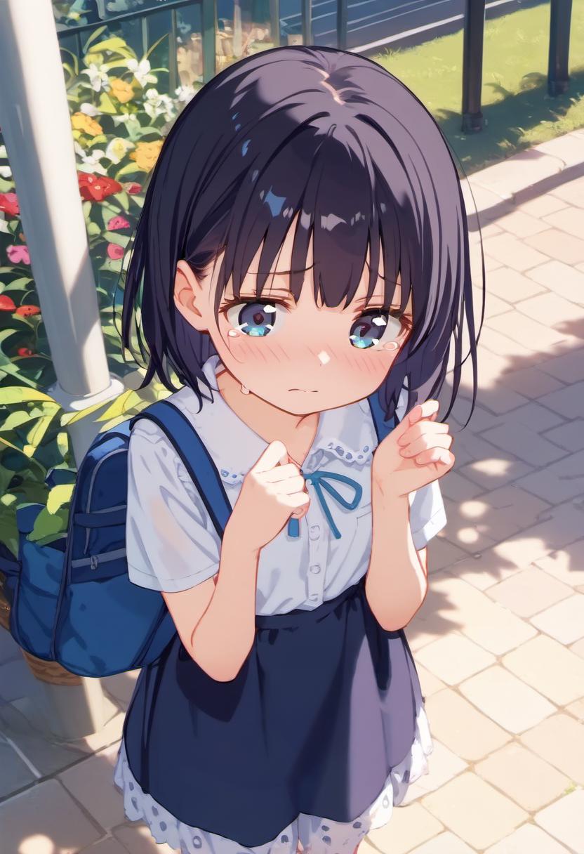 Anime girl with backpack and backpack standing on sidewalk in front of ...