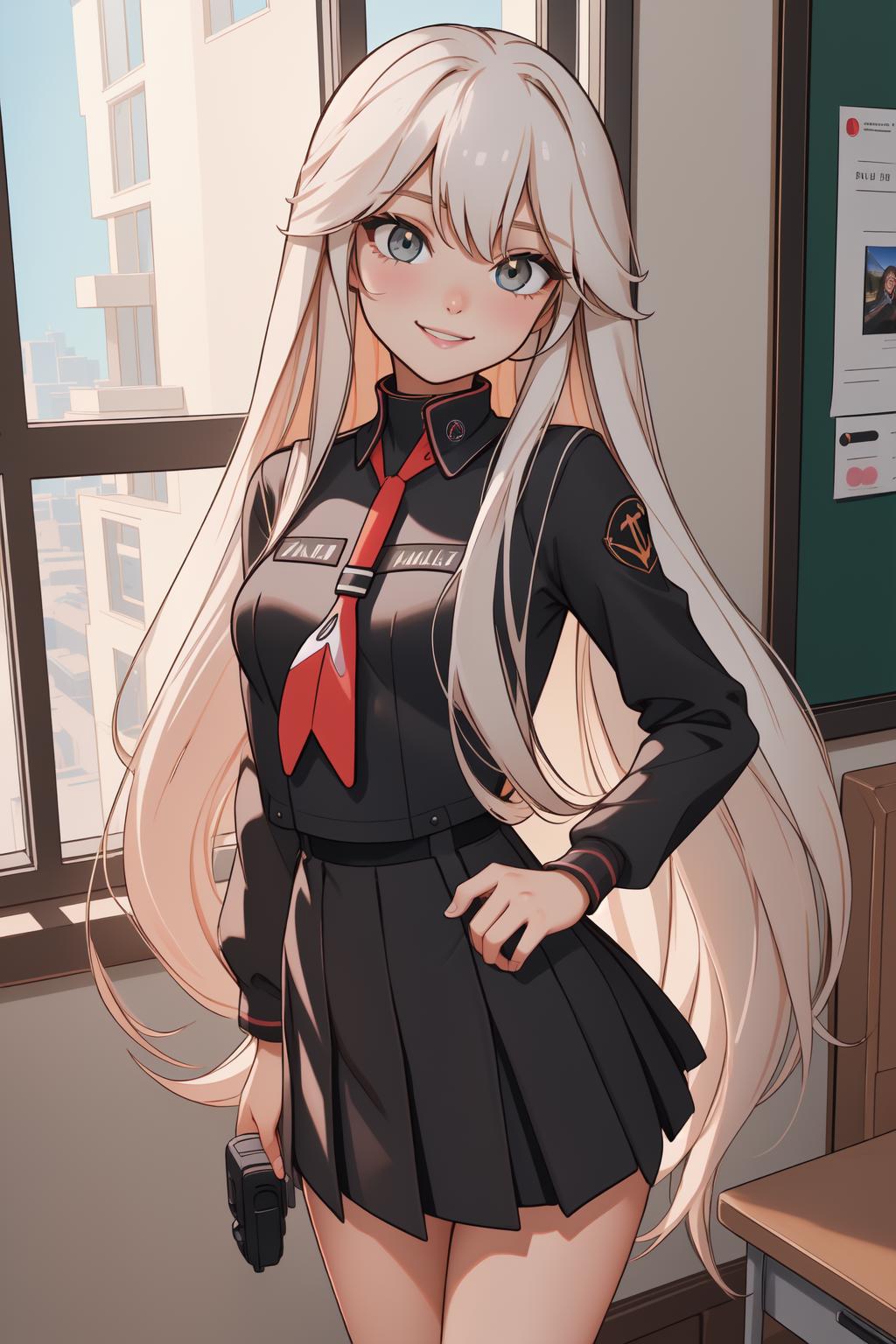 Anime girl in uniform posing in front of a window - SeaArt AI