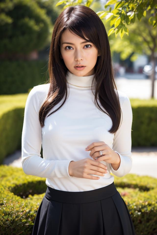 A woman in a white top and black skirt posing for a picture - SeaArt AI