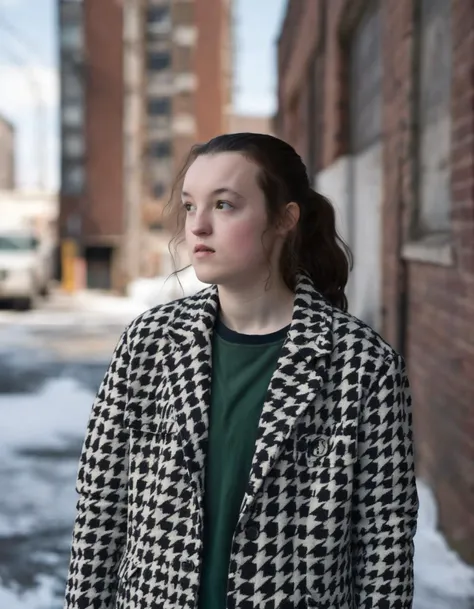 Arafed woman in a black and white coat standing on a snowy street ...