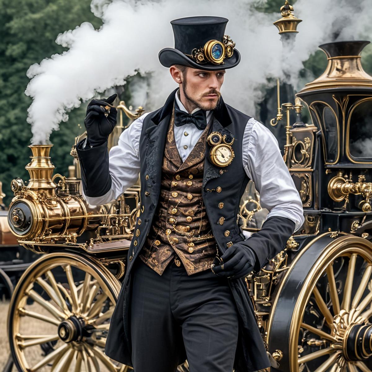 There is a man in a top hat and vest standing next to a steam powered ...