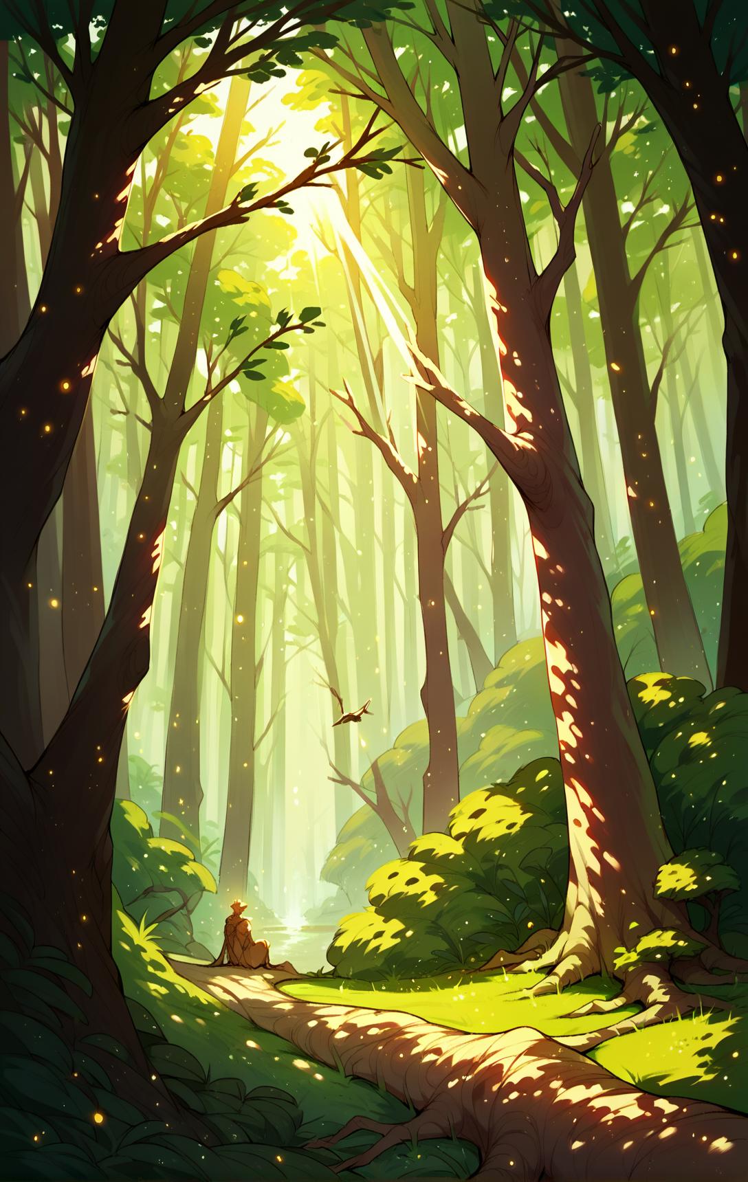 A cartoon style illustration of a forest with a path and trees - SeaArt AI
