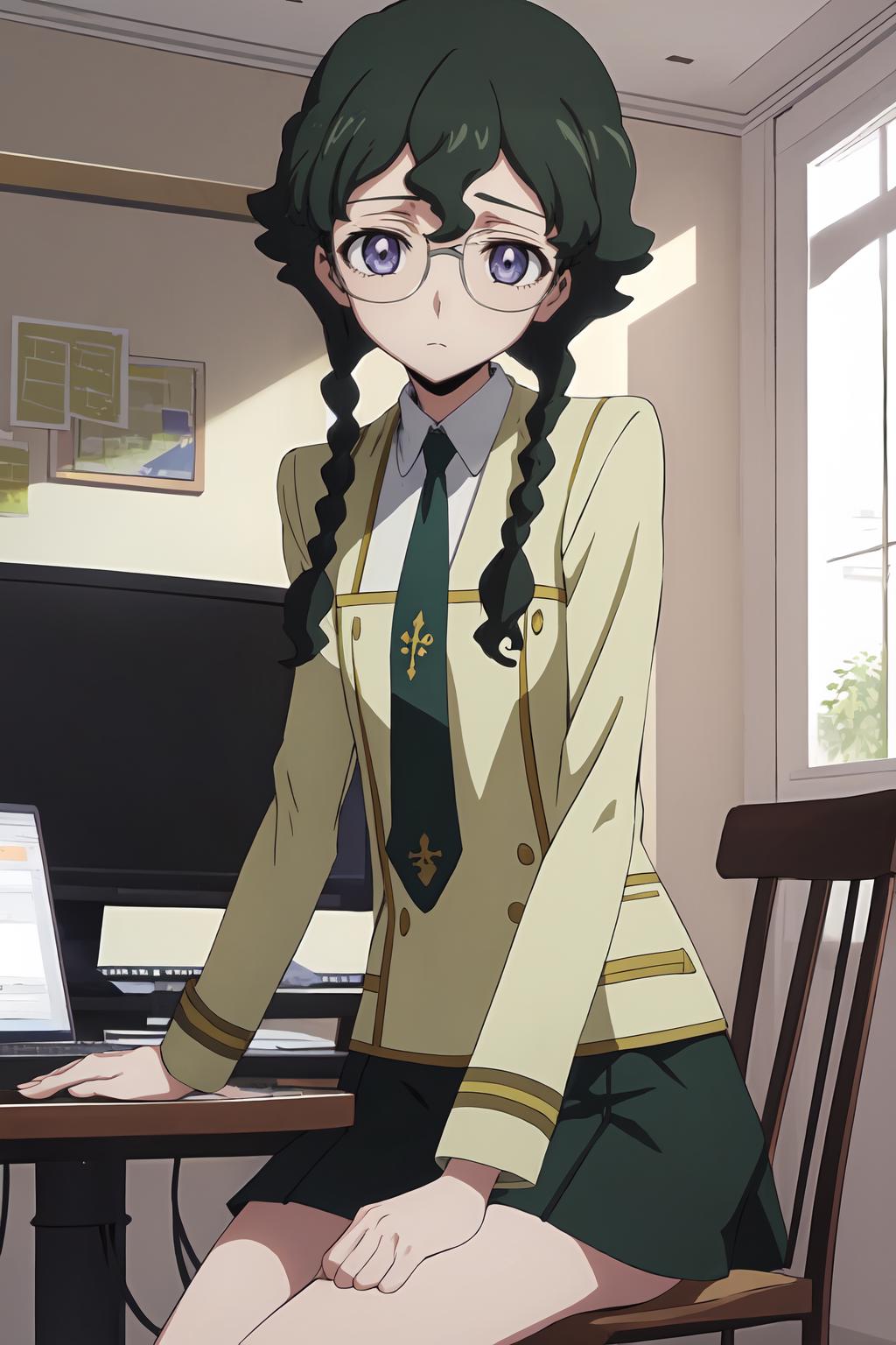 Anime girl sitting at a desk with a laptop computer - SeaArt AI