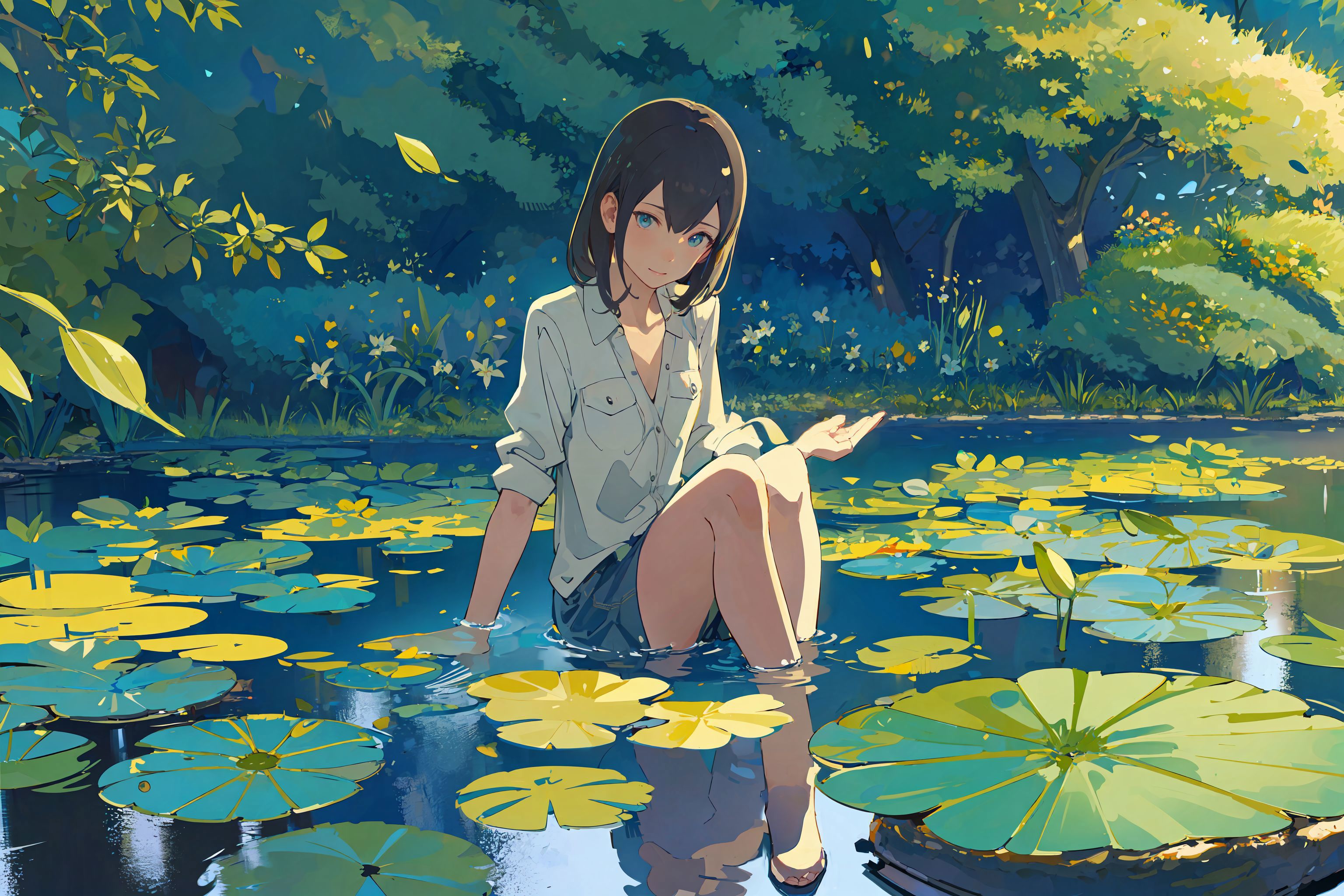 Anime girl sitting in a pond with lily pads and a book - SeaArt AI