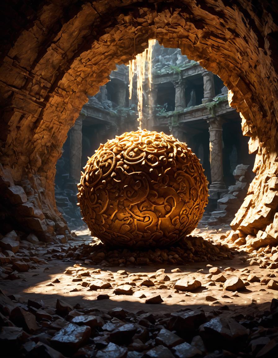 A close up of a stone ball in a cave with a light coming from it ...
