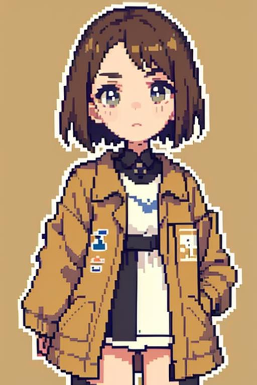 A pixel art of a girl in a brown jacket and black skirt - SeaArt AI