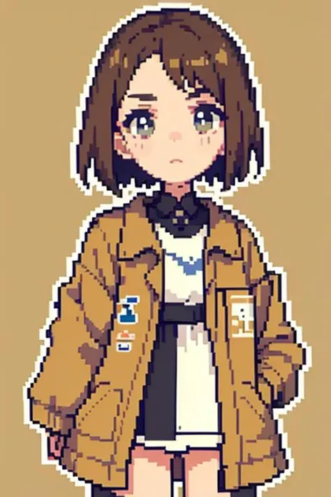 A pixel art of a girl in a brown jacket and black skirt - SeaArt AI