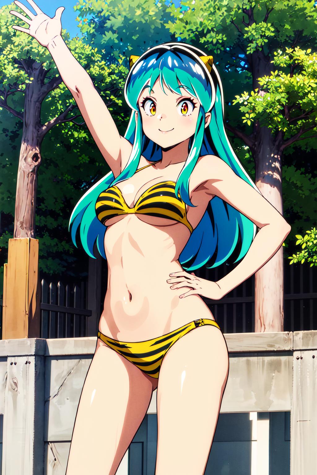 A close up of a woman in a bikini with a blue hair - SeaArt AI