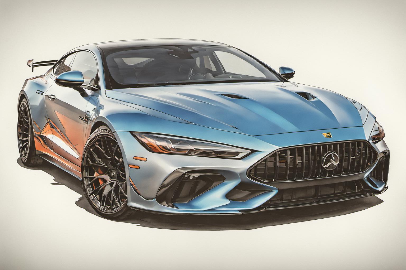 A drawing of a blue and orange sports car - SeaArt AI