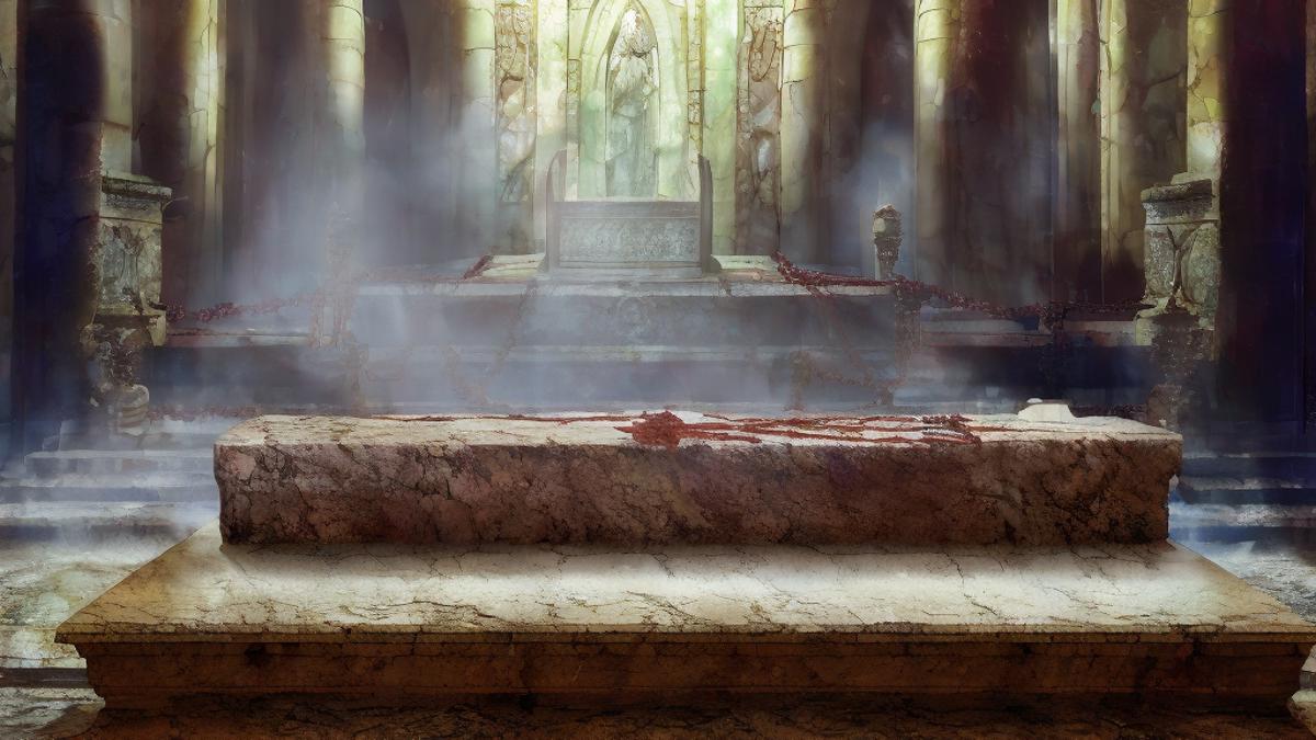 Masterwork Painting, Magnum Opus, wideshot, human body lying on altar ...