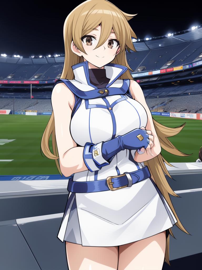 A woman in a white dress standing in front of a stadium - SeaArt AI