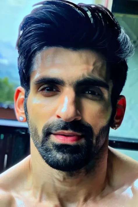 A close up of a man with a beard and a shirtless shirt - SeaArt AI