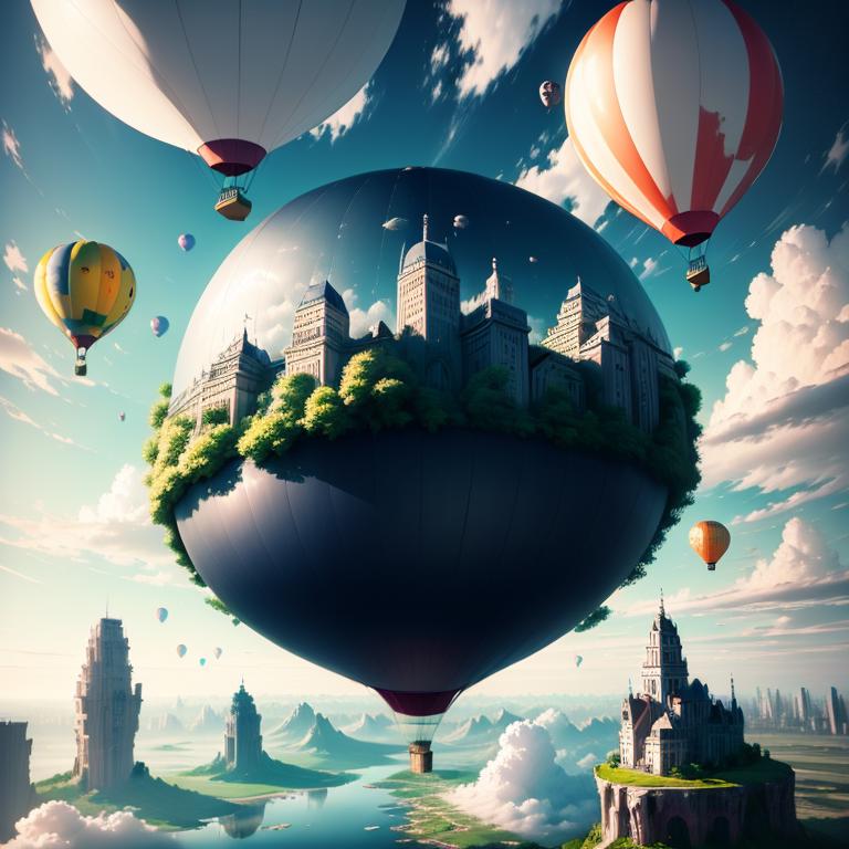 A close up of a city on a floating island with balloons - SeaArt AI