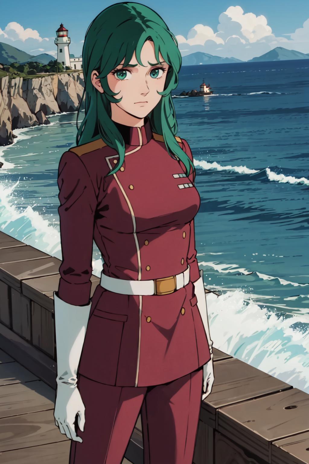 A woman in a red uniform standing on a pier next to the ocean - SeaArt AI