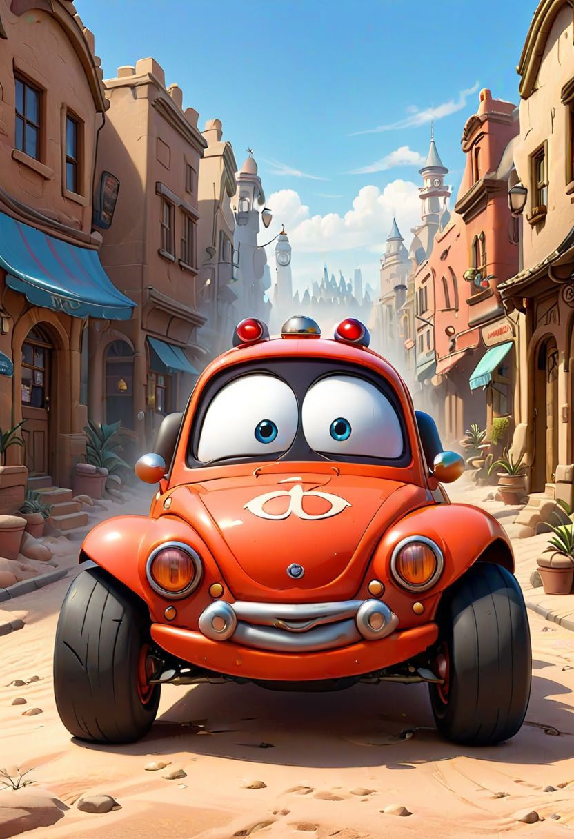 A close up of a cartoon car driving down a street - SeaArt AI