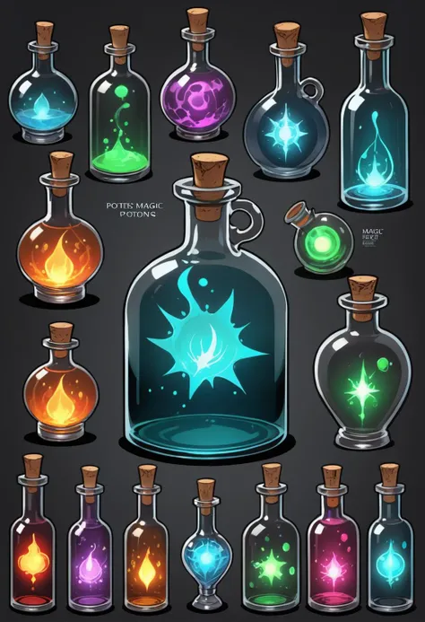 A set of different glass bottles with different colored liquids - SeaArt AI