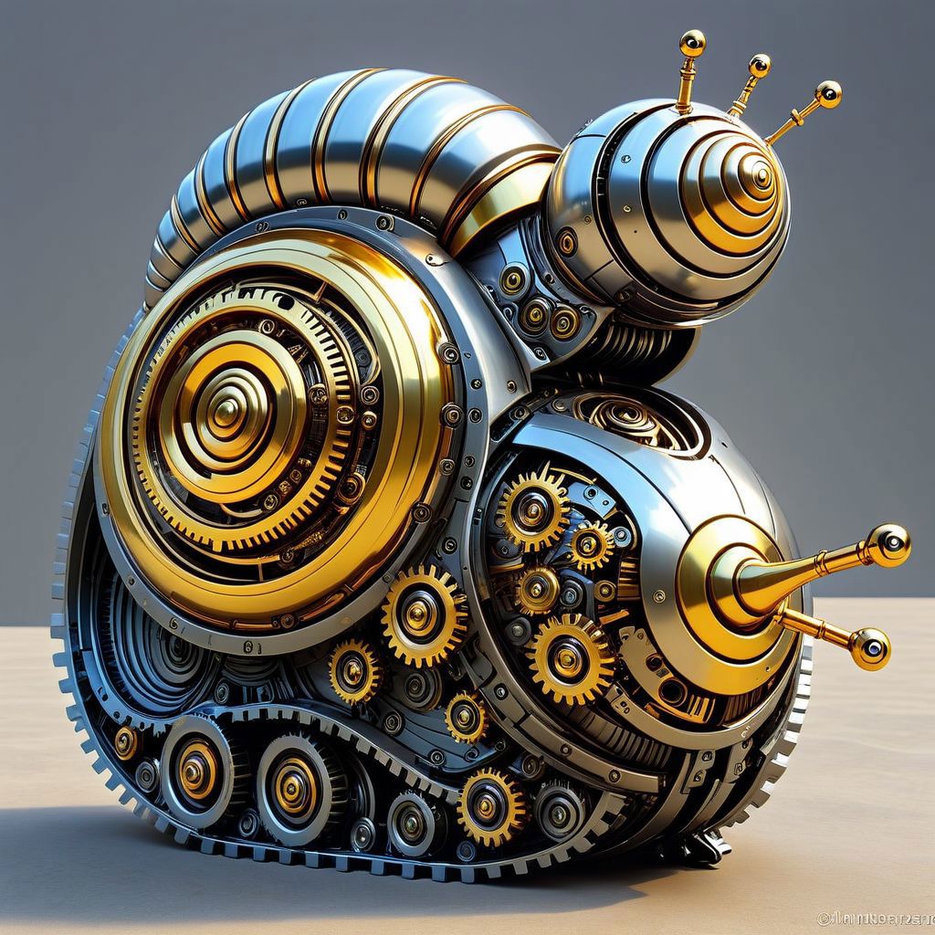 There is a metal snail with gears and wheels on it - SeaArt AI