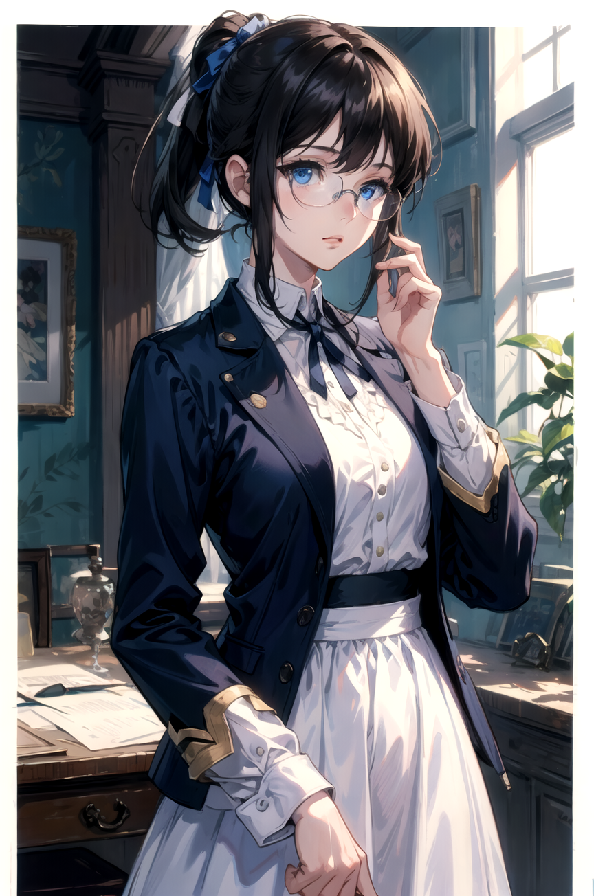 Anime girl in uniform talking on a cell phone in a room - SeaArt AI