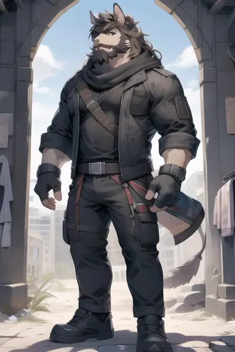 A man in a black jacket and a hat standing in front of a gate - SeaArt AI