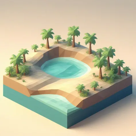 Isometric, low poly, beach, palm trees