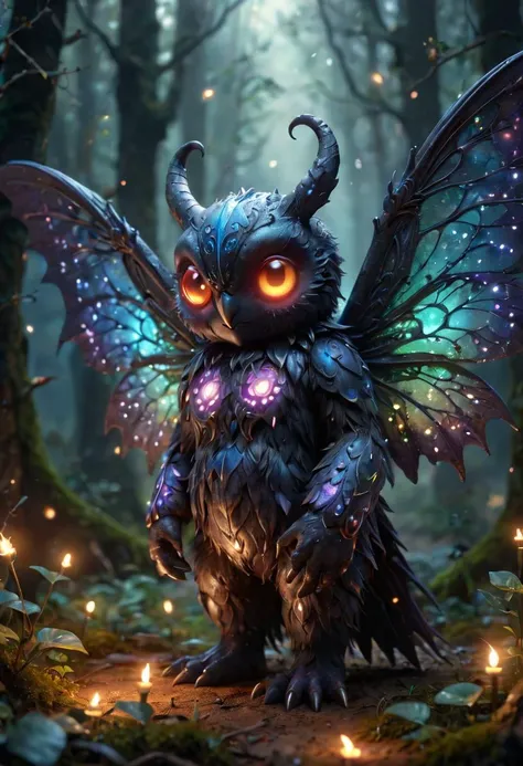 A close up of a small owl with glowing eyes in the woods - SeaArt AI