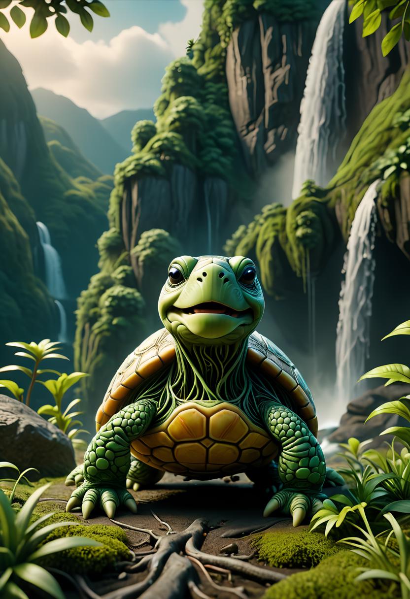 A close up of a turtle sitting on a rock near a waterfall - SeaArt AI