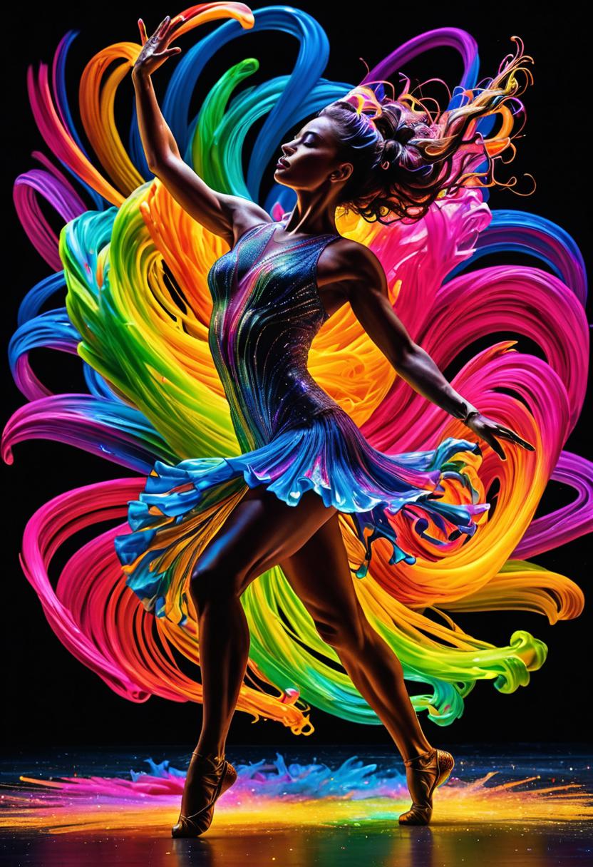 A woman in a colorful dress dancing with a rainbow swirl - SeaArt AI