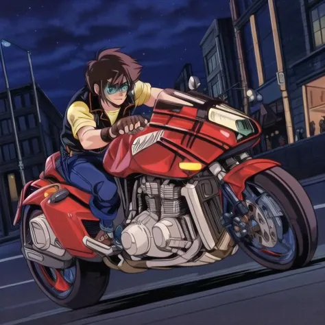 Anime character riding a red motorcycle on a city street - SeaArt AI