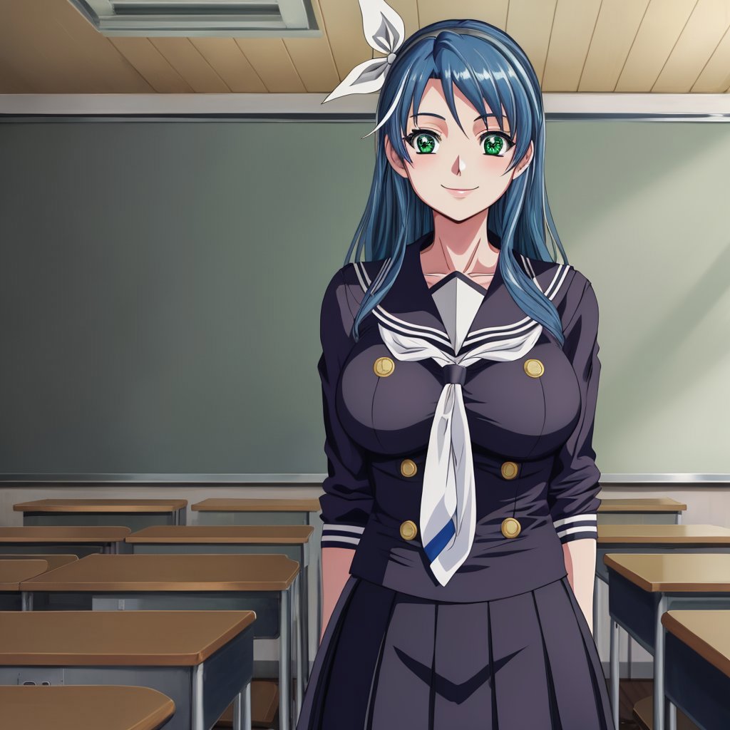 Anime girl in uniform standing in front of a classroom with desks ...