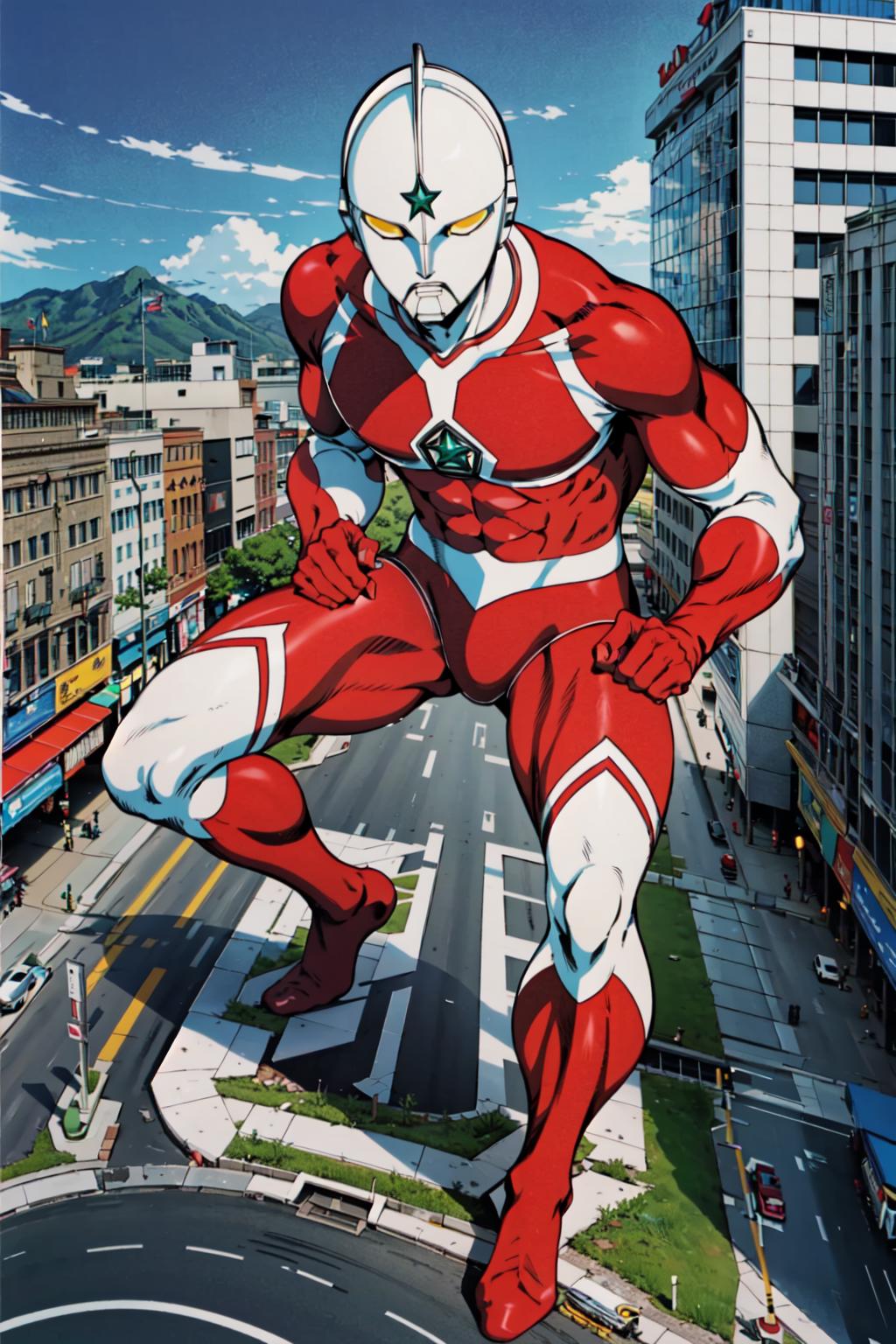 A close up of a large red and white superhero flying over a city ...