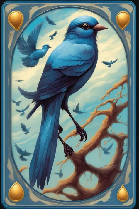 A close up of a blue bird on a branch with birds flying around - SeaArt AI